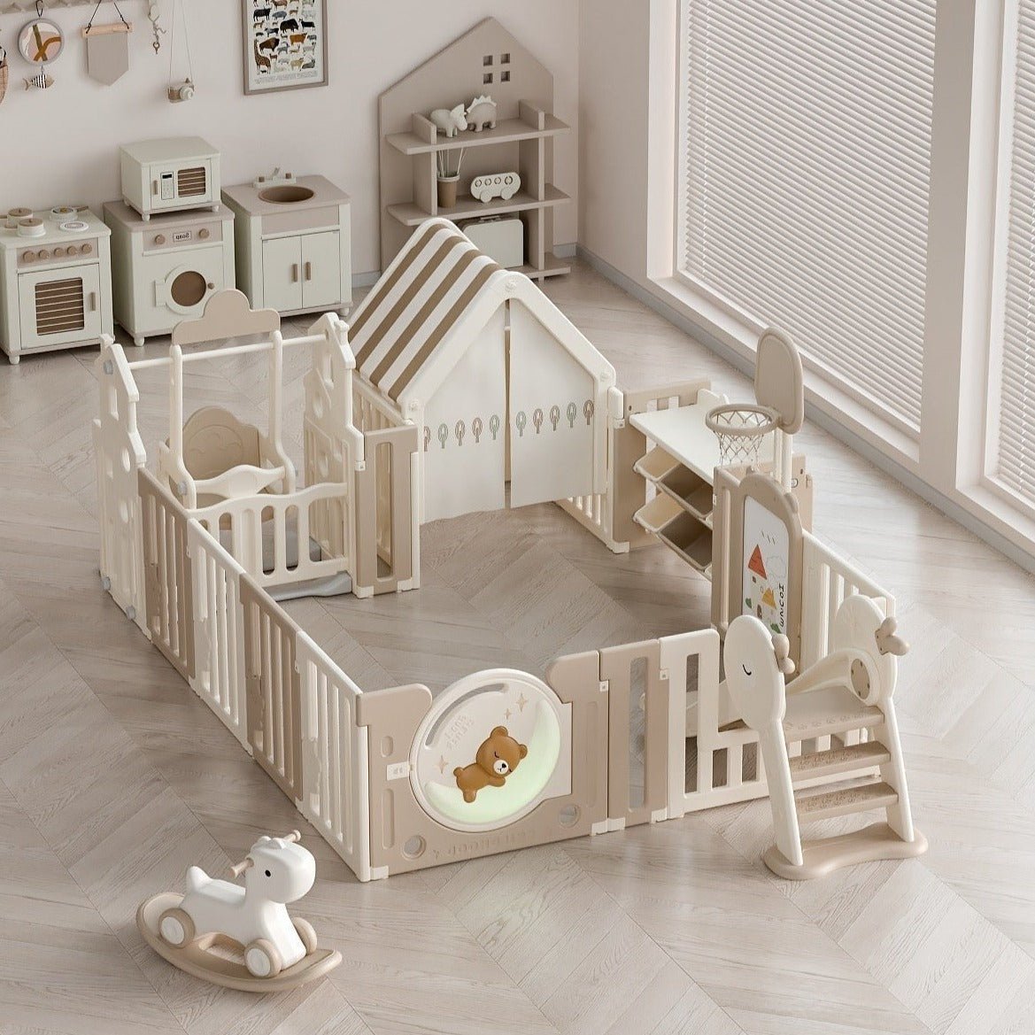 Glowing Teddy Bear Playpen w/ Small House | Micky Mart